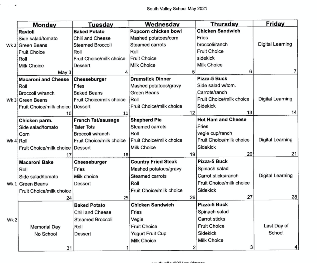 Breakfast and Lunch Menus and Information – South Valley School
