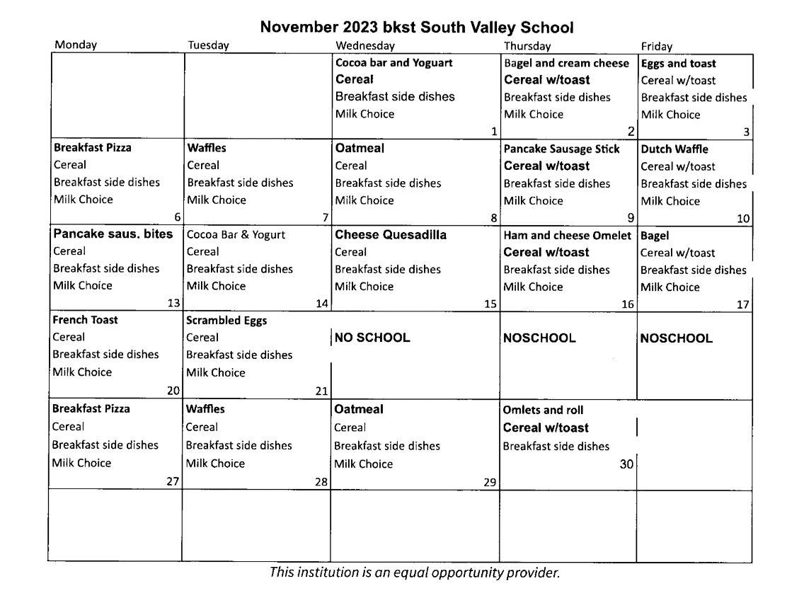 Breakfast and Lunch Menus and Information – South Valley School